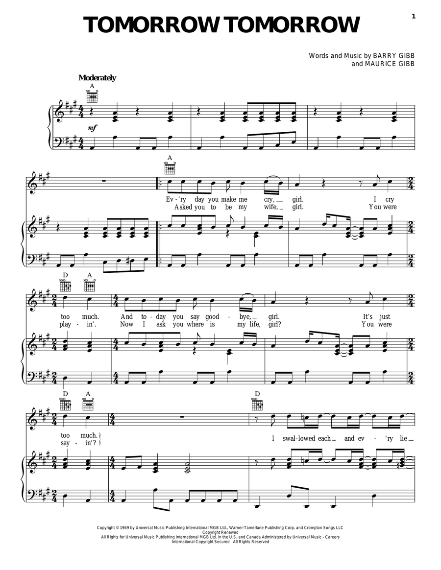 Tomorrow Tomorrow by Bee Gees - Acoustic Guitar, Voice, Piano, Vocal ...