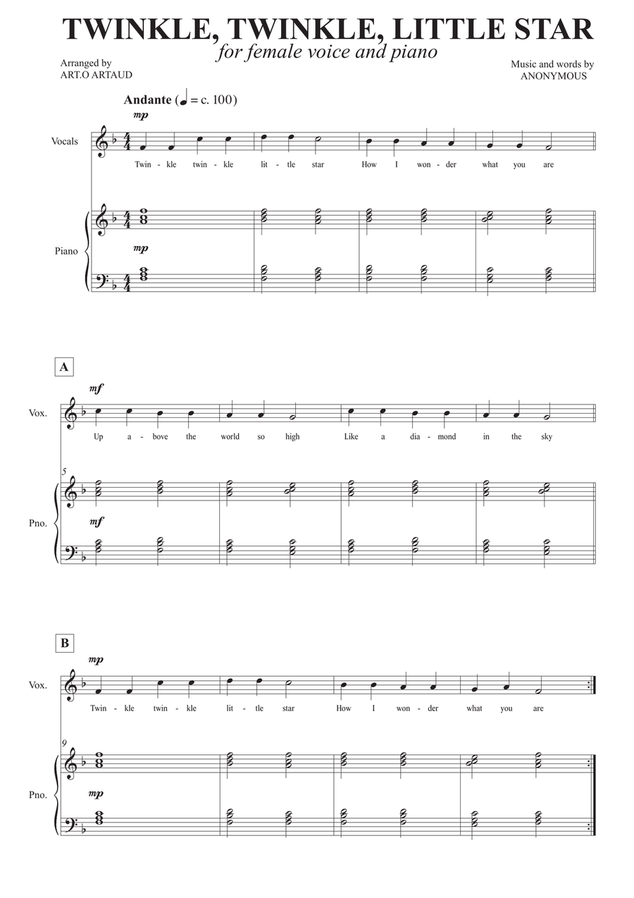 Twinkle Twinkle Little Star - Voice, Piano, Vocal, Easy Piano ...