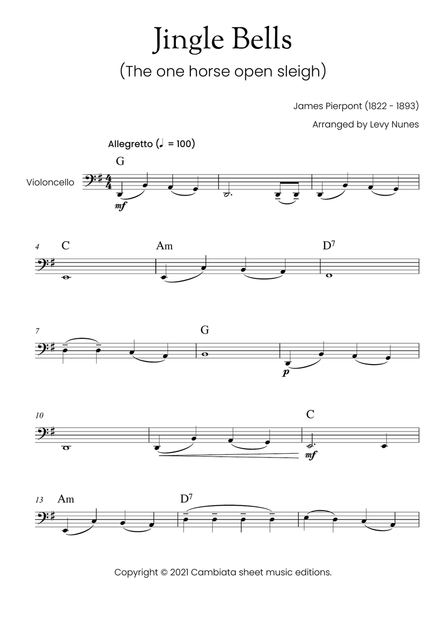 Jingle Bells - For cello (with chord symbols). Easy/Beginner by James ...