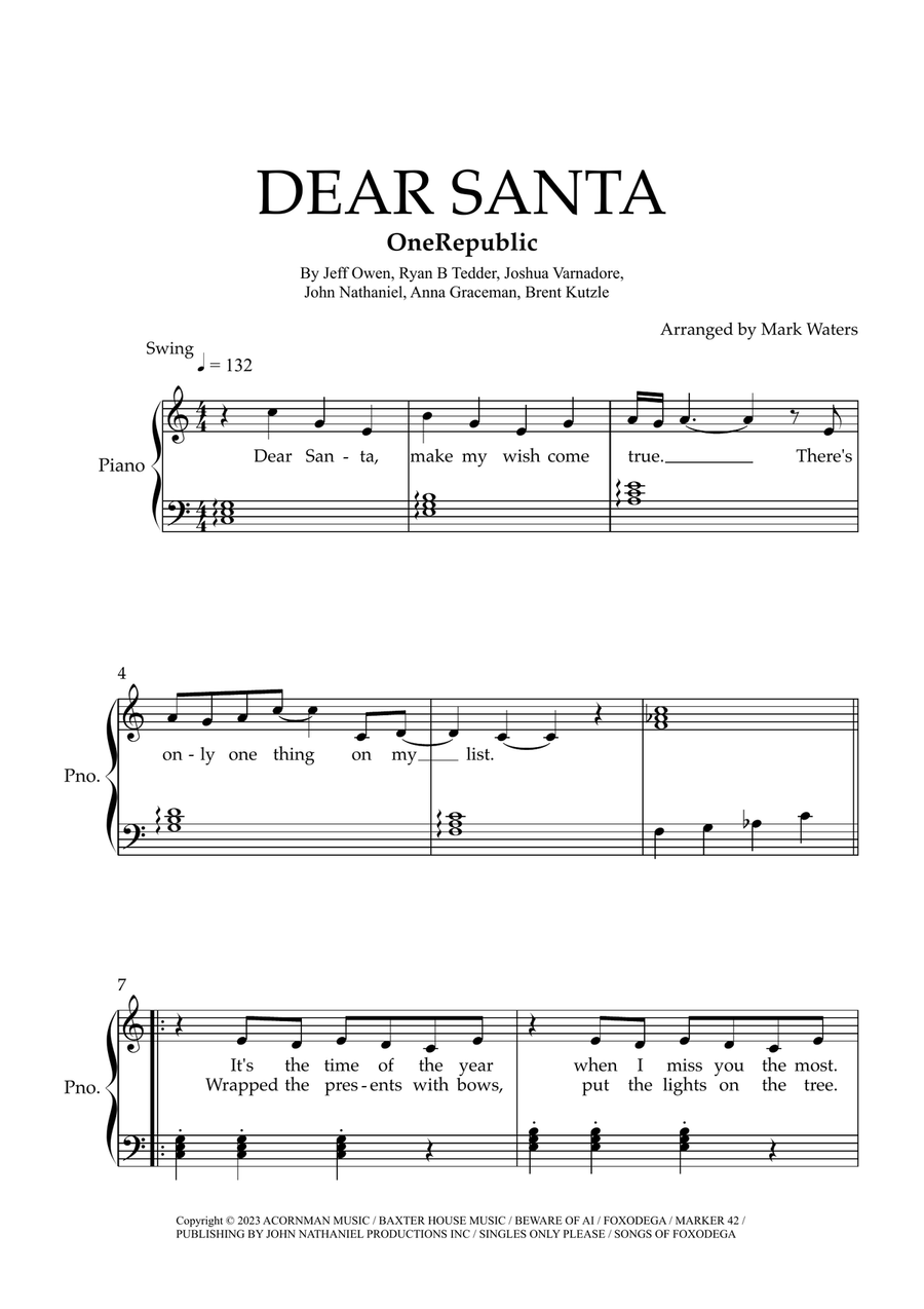 Dear Santa by OneRepublic - Easy Piano - Early Intermediate Digital ...