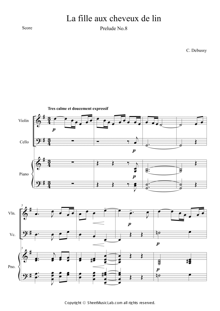 No.8 La Fille Aux Cheveux De Lin in G by Claude Debussy - Cello, Piano ...