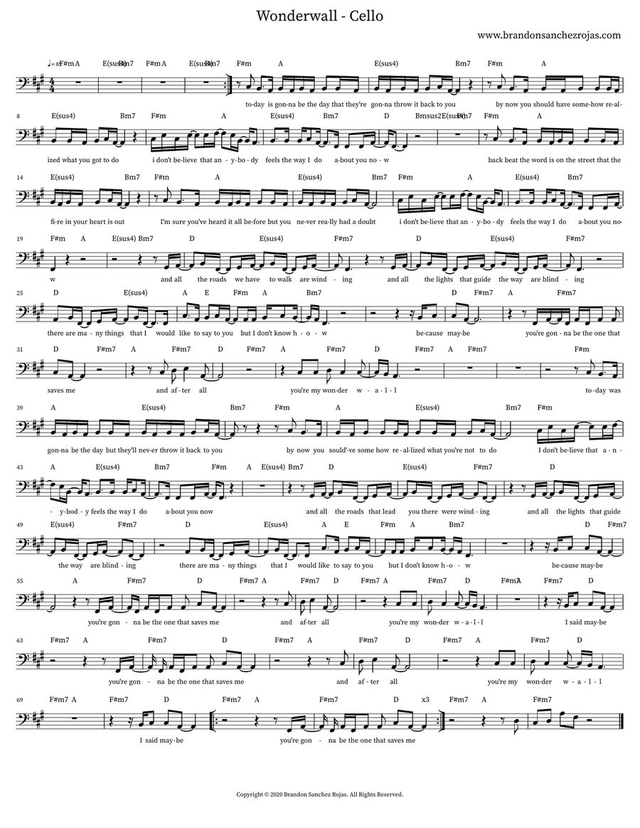 Wonderwall - Cello - Cello Solo - Digital Sheet Music | Sheet Music Plus