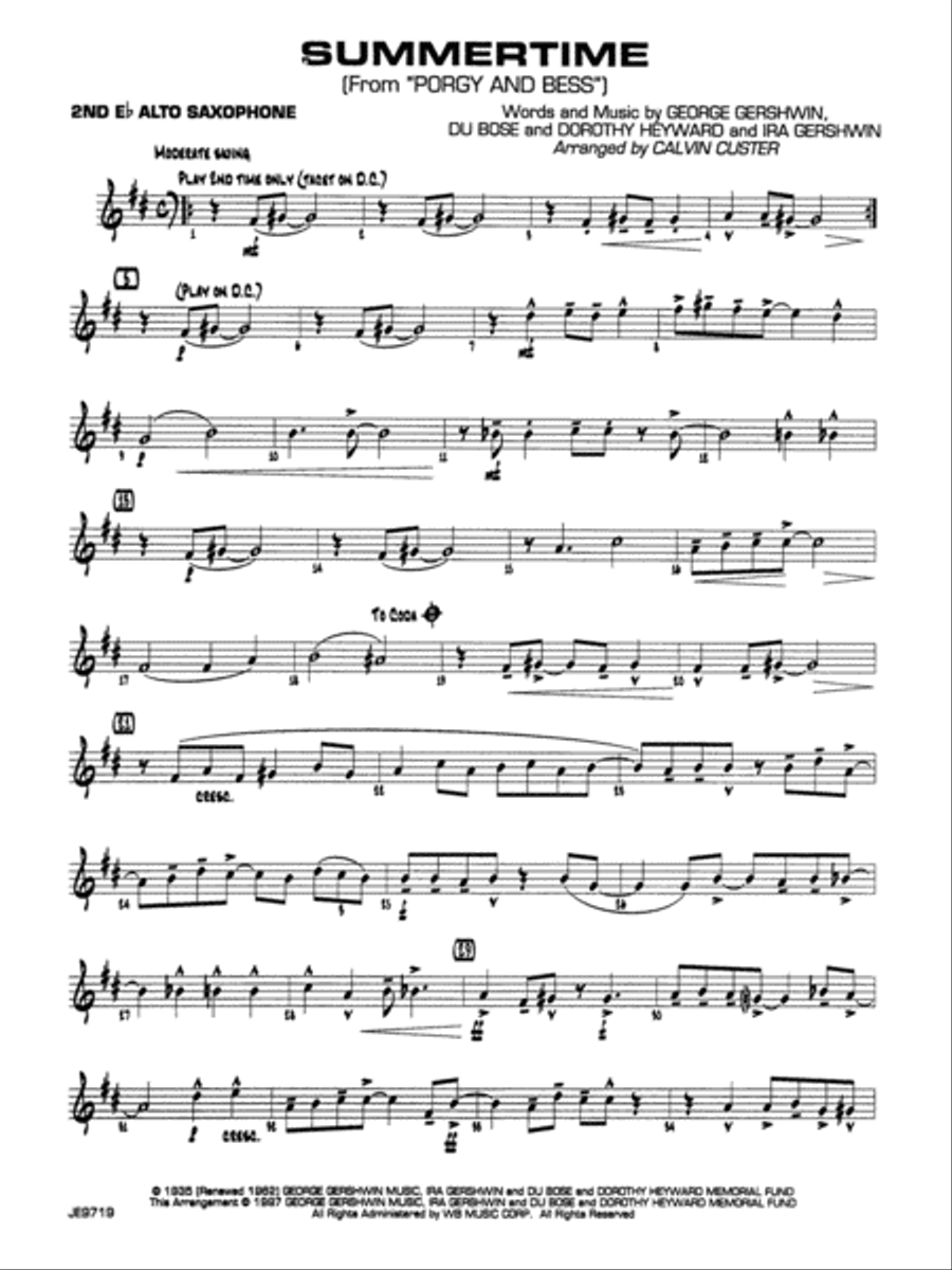 Summertime From Porgy And Bess 2nd E Flat Alto Saxophone By George