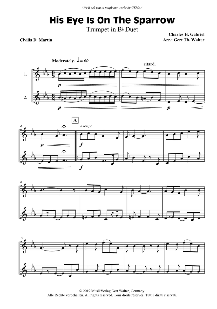 His Eye Is On The Sparrow by Charles H. Gabriel - Trumpet, Trumpet Duet ...
