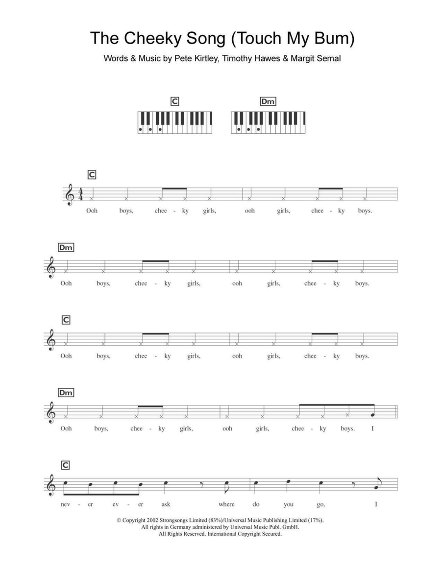The Cheeky Song (Touch My Bum) - Piano - Digital Sheet Music | Sheet ...