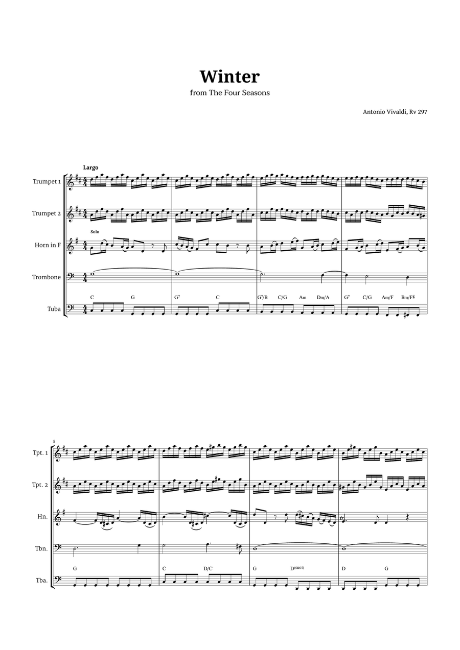 Largo from Winter by Vivaldi for Brass Quintet with Chords by Antonio ...