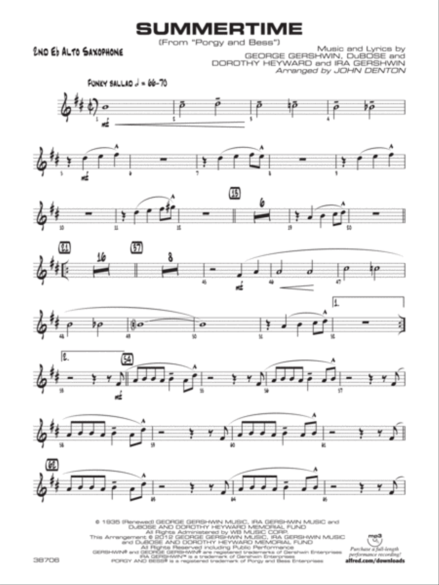 Summertime 2nd E Flat Alto Saxophone By George Gershwin Jazz