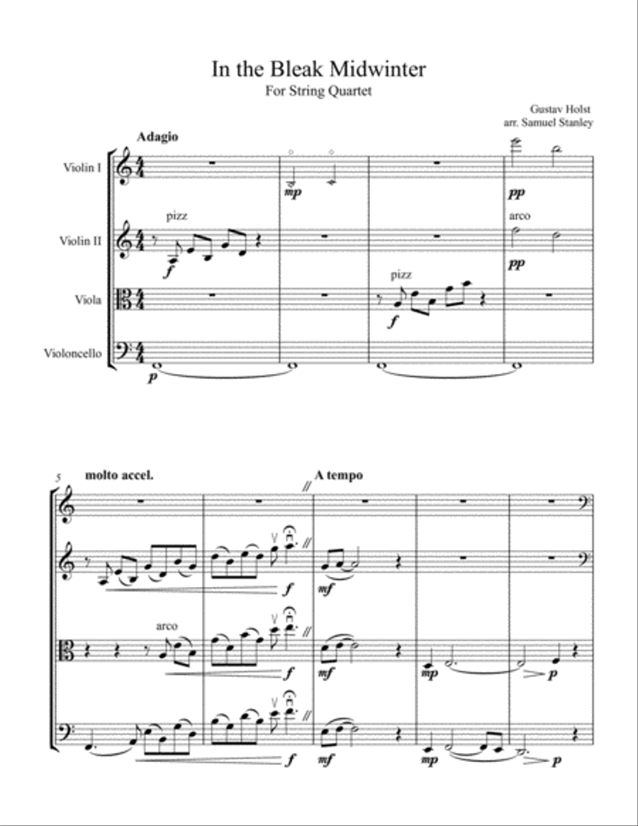 In The Bleak Midwinter String Quartet By Gustav Holst String