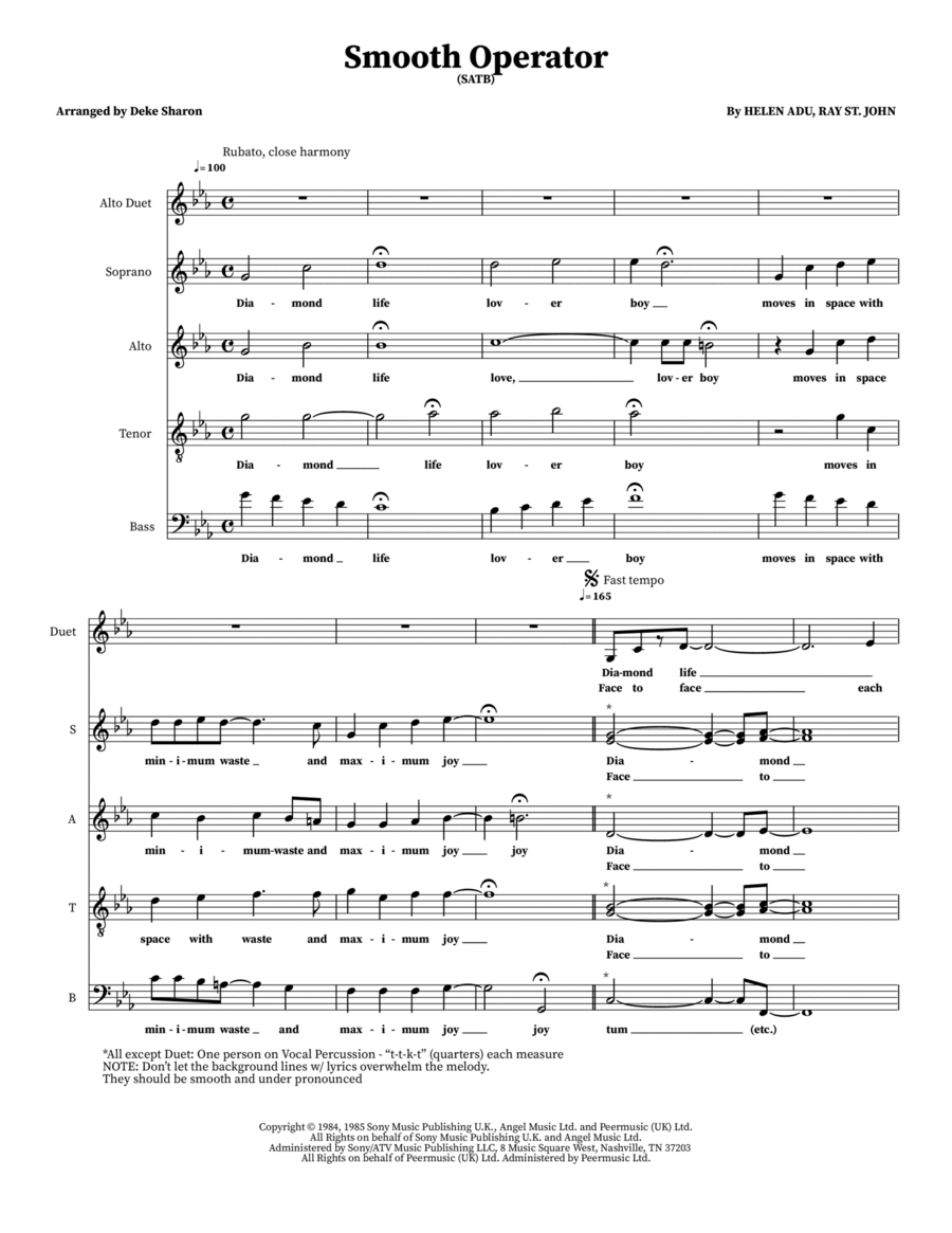 Smooth Operator by Sade - Choir, Tenor Voice, Alto Voice - Intermediate ...