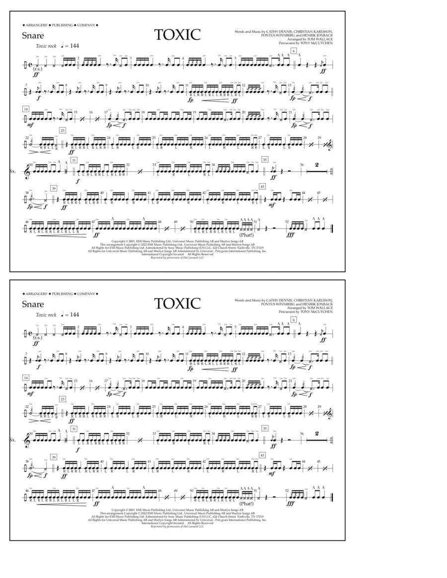 Toxic (arr. Tom Wallace) - Snare by Britney Spears - Marching Band ...