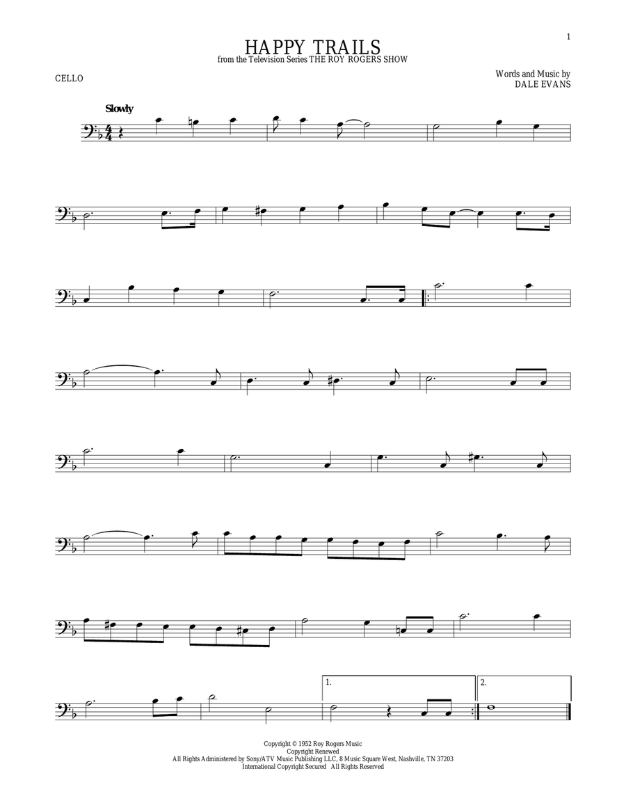 Happy Trails by Roy Rogers - Cello Solo - Digital Sheet Music | Sheet ...