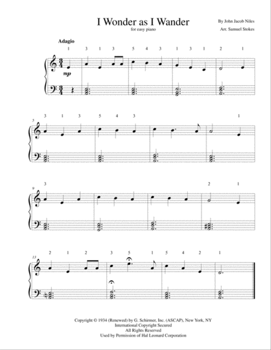 I Wonder As I Wander by John Jacob Niles - Easy Piano - Digital Sheet ...