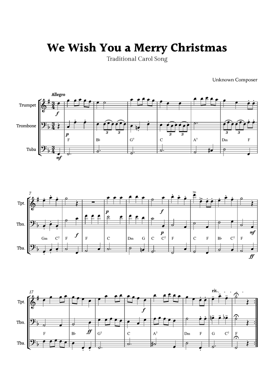 We Wish you a Merry Christmas for Brass Ensemble Trio with Chords by ...