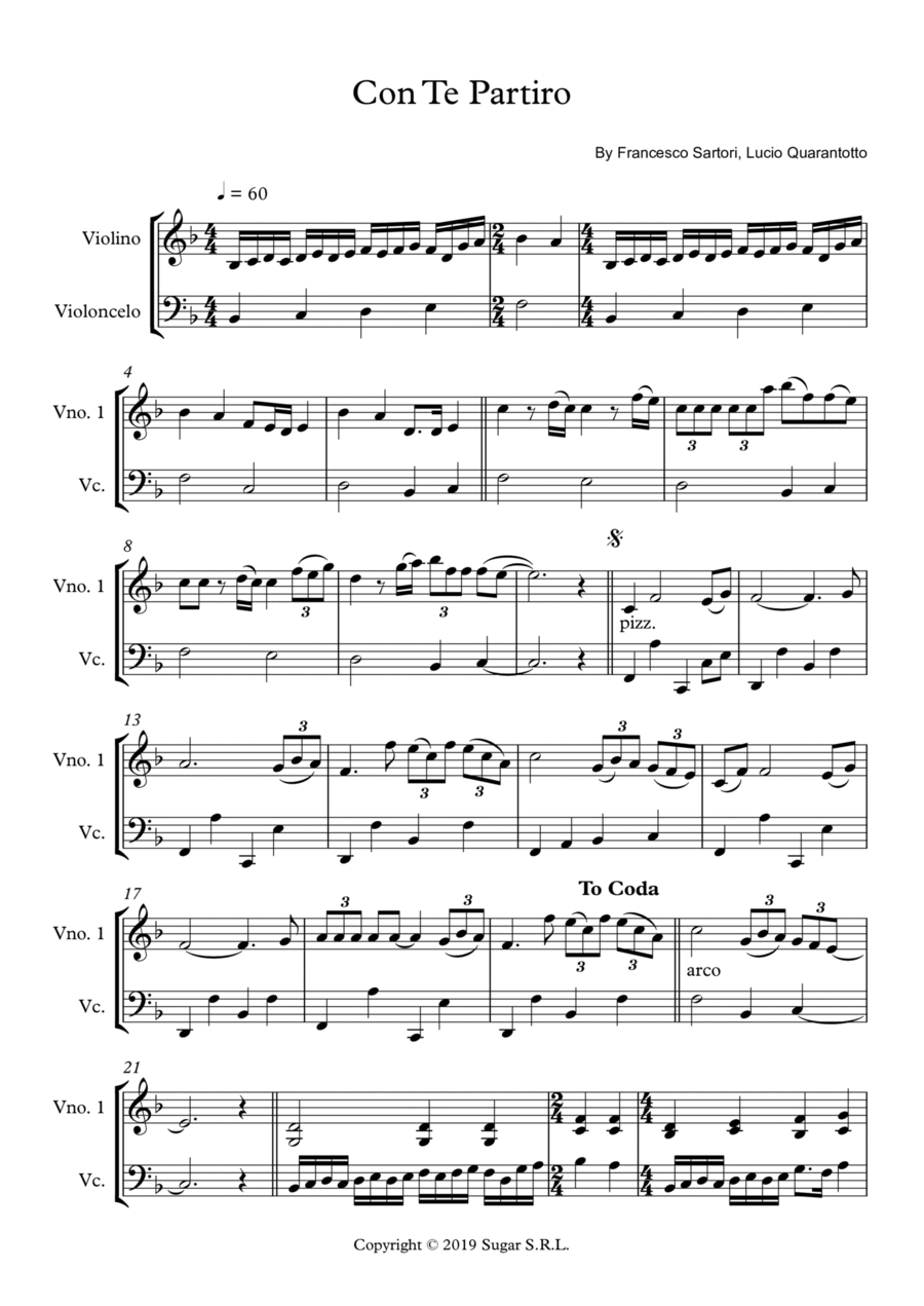 Con Te Partiro (time To Say Goodbye) by Andrea Bocelli - Cello, Violin ...