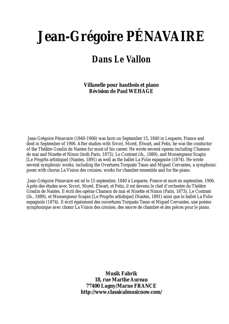 Jean-Grégoire Pénavaire: Dans le Vallon, Villanelle for oboe and piano ...