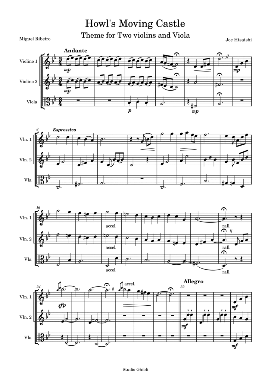 Howl's Moving Castle by Joe Hisaishi - Viola, Violin - Intermediate ...
