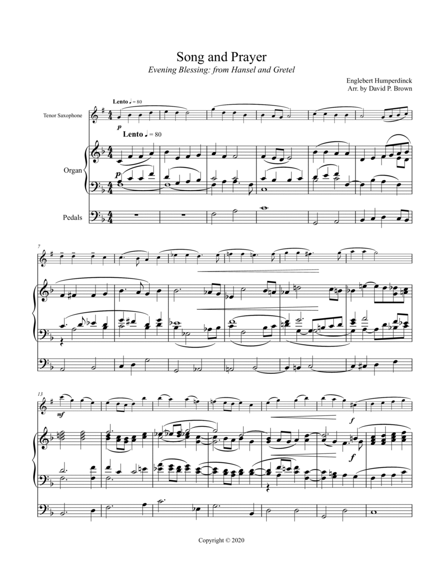 Song and Prayer (from Hansel and Gretel) for Tenor Sax and Organ by ...