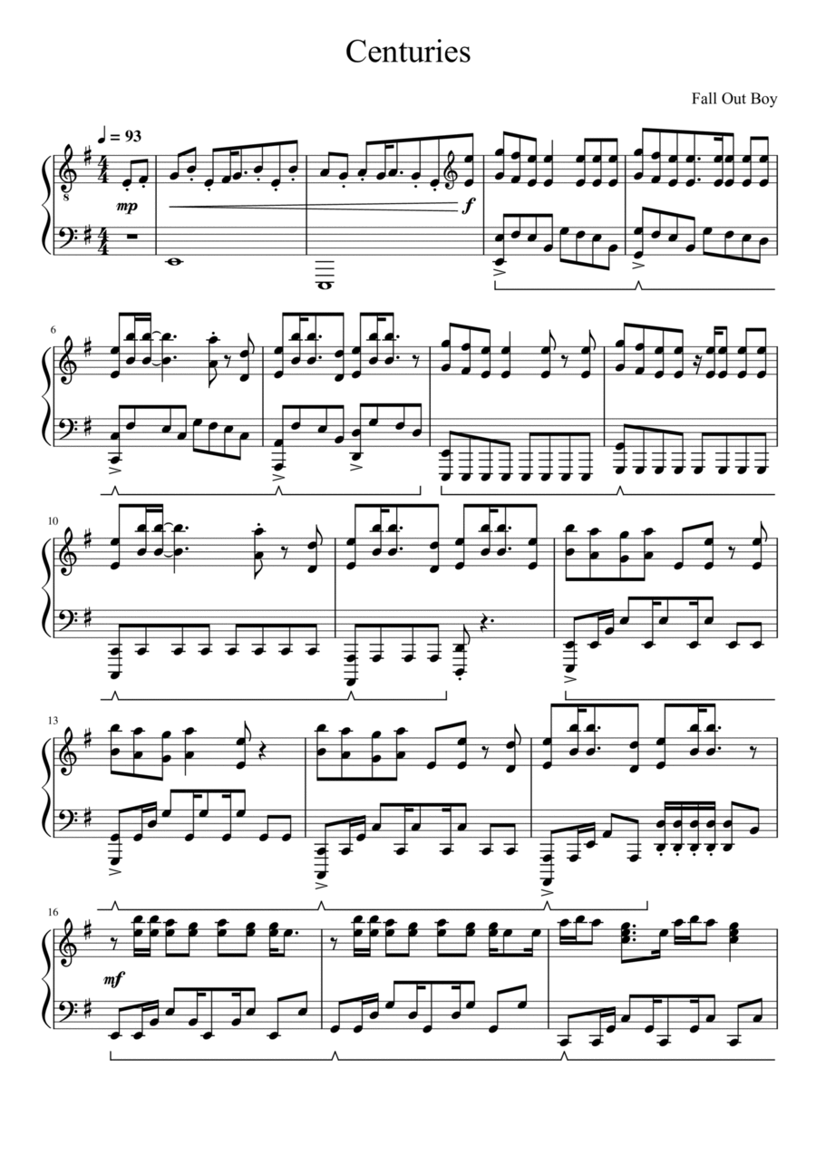 Centuries by Fall Out Boy - Piano Solo - Digital Sheet Music | Sheet ...