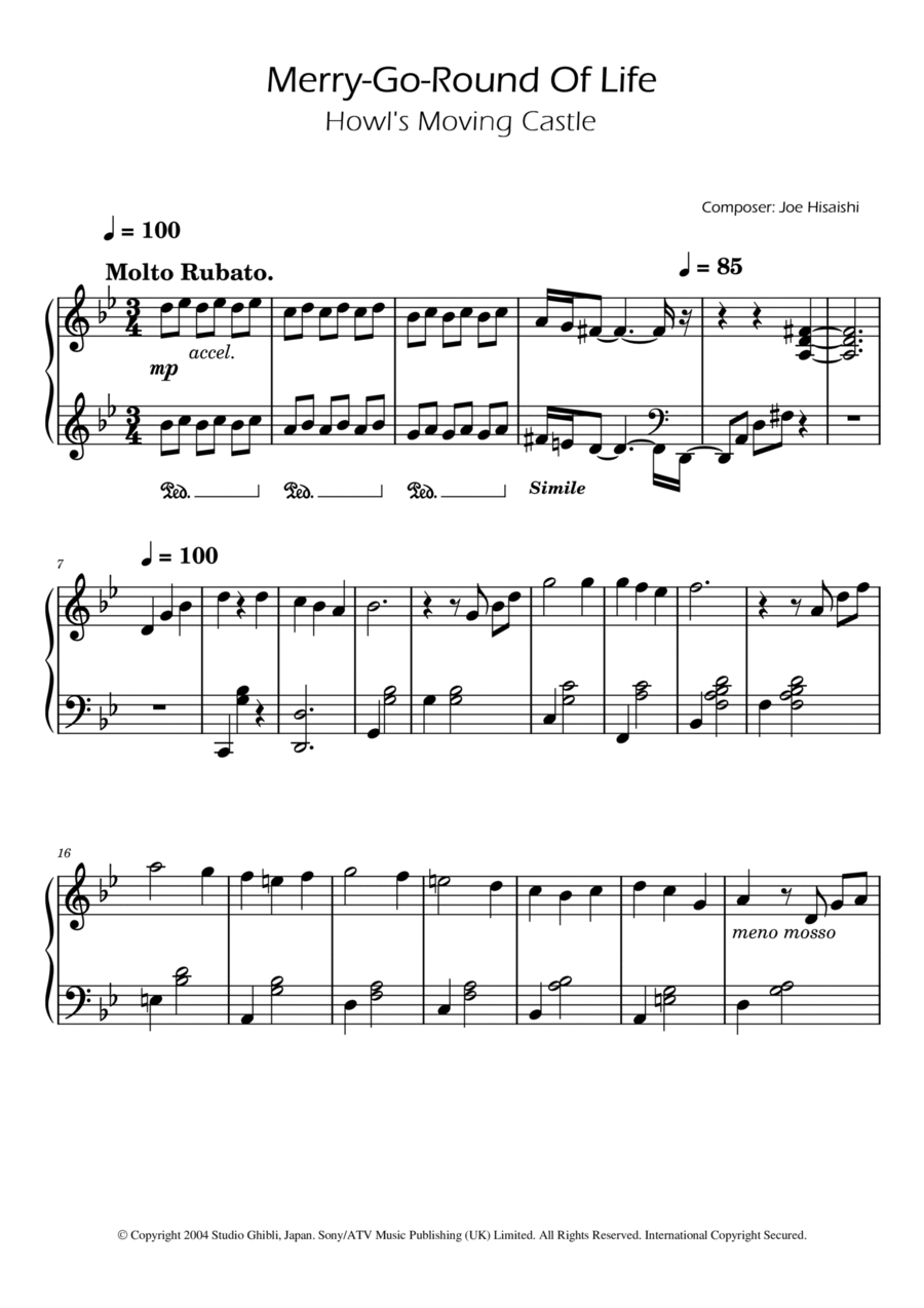 Merry Go Round Of Life By Joe Hisaishi Easy Piano Digital Sheet