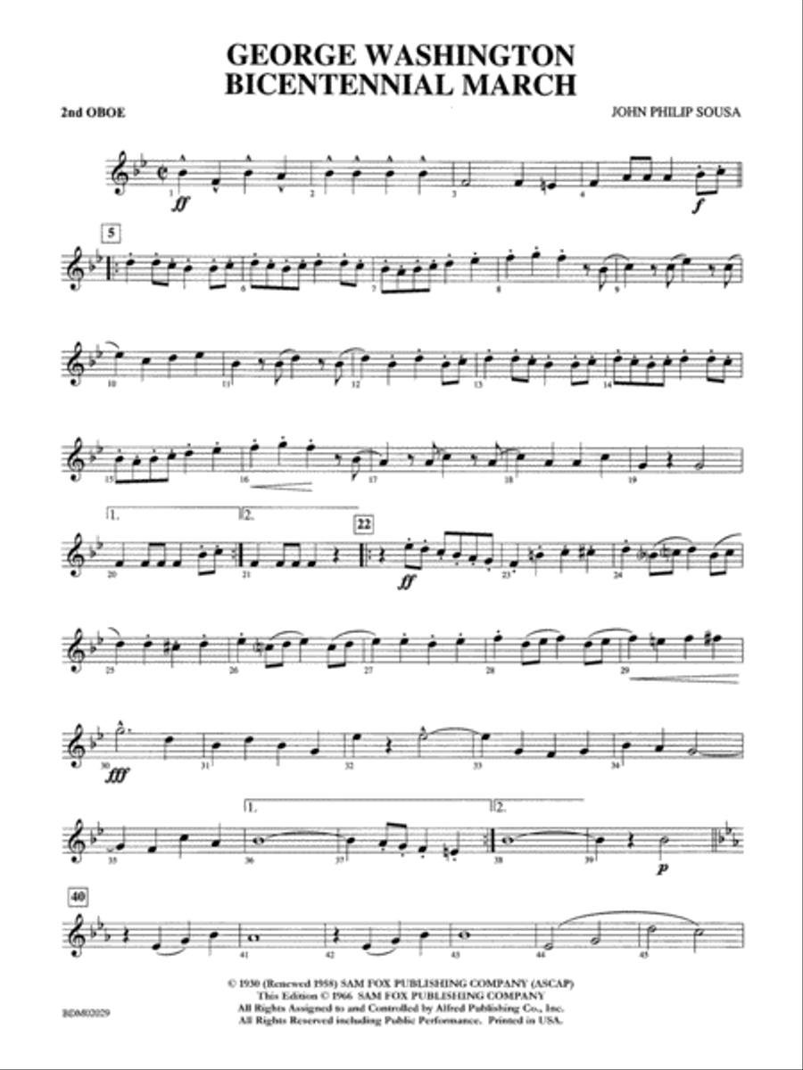 George Washington Bicentennial March: 2nd Oboe by John Philip Sousa ...
