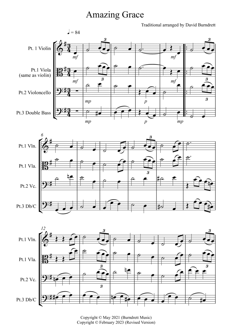Amazing Grace for Violin or Viola, Cello and Bass Trio by Traditional ...