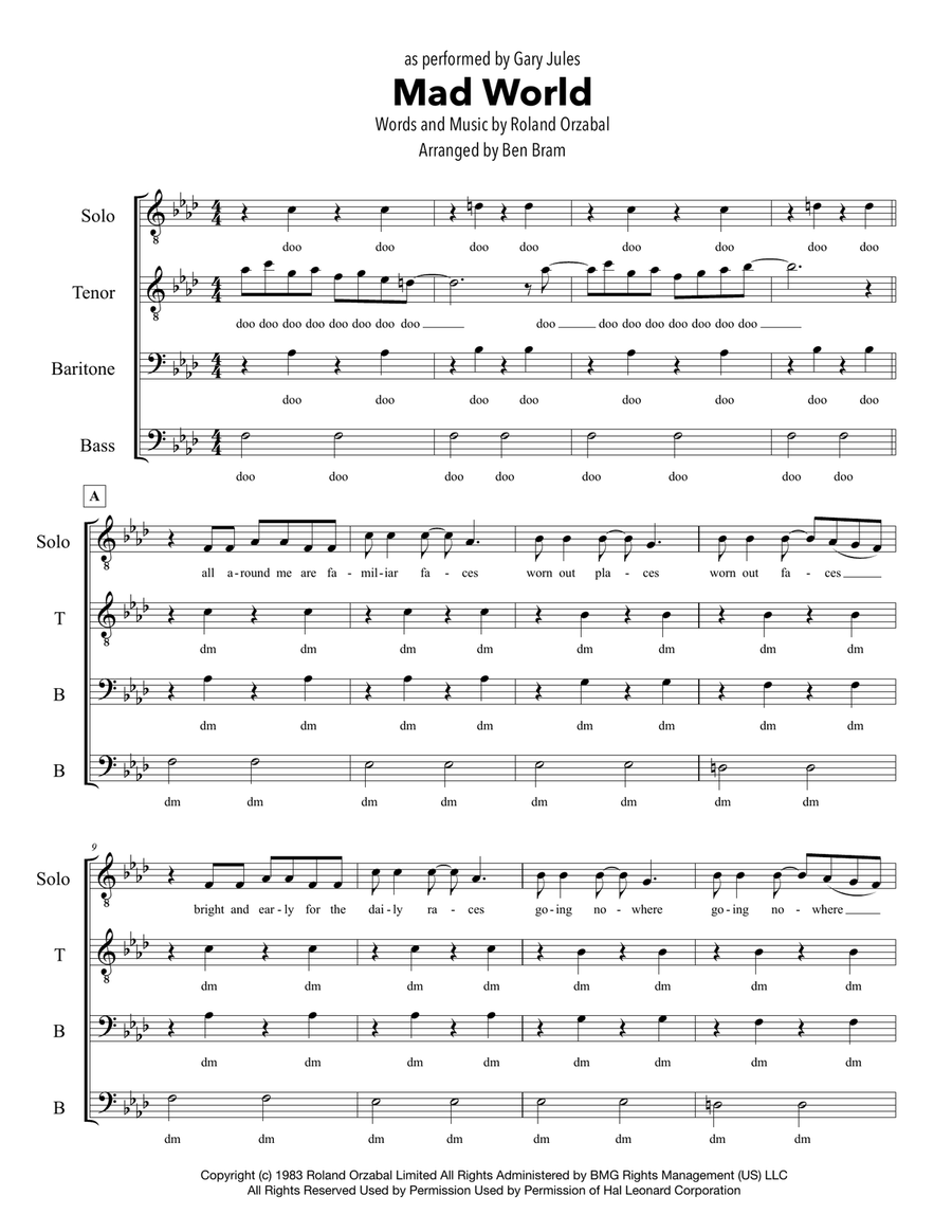 Mad World by Tears For Fears - Choir, TTBB, 4-Part - Intermediate ...