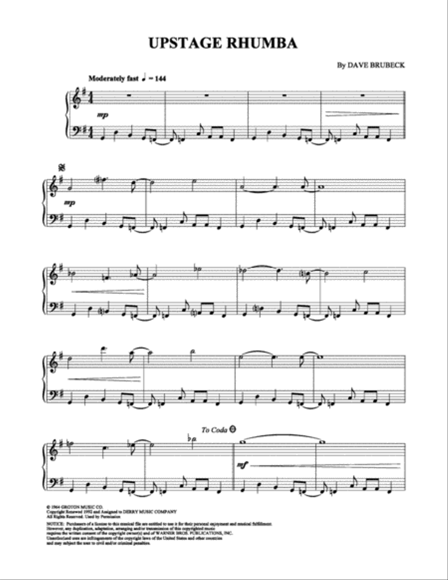 Upstage Rhumba by Dave Brubeck - Piano Solo - Digital Sheet Music ...