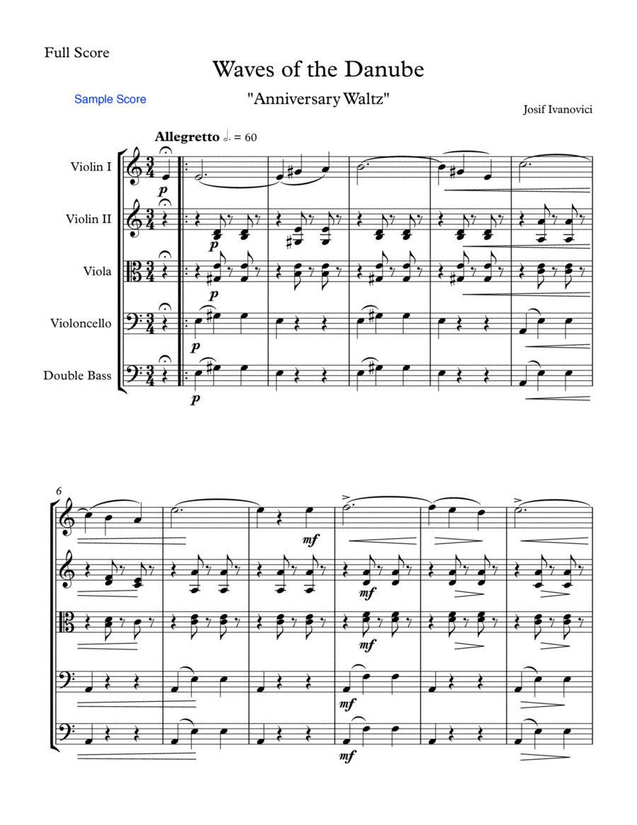 WAVES OF THE DANUBE "Anniversary Waltz" String Orchestra, Intermediate ...