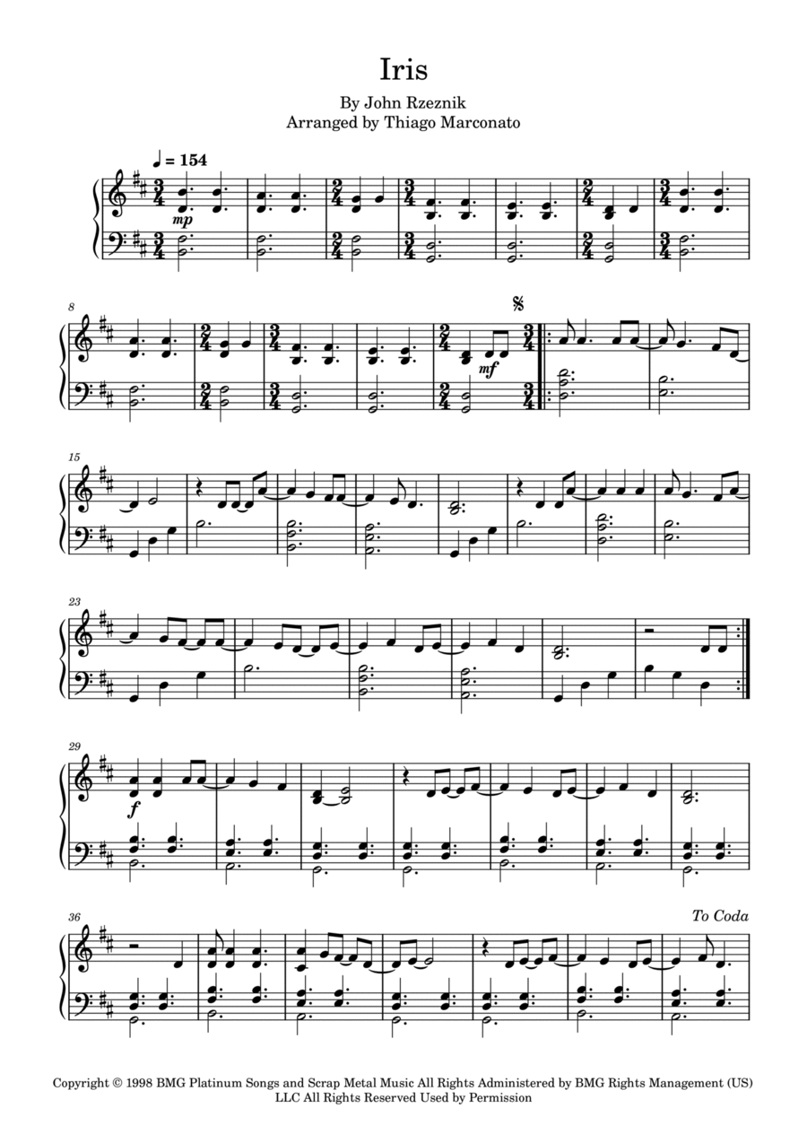 Iris by The Goo Goo Dolls - Piano Solo - Digital Sheet Music | Sheet ...