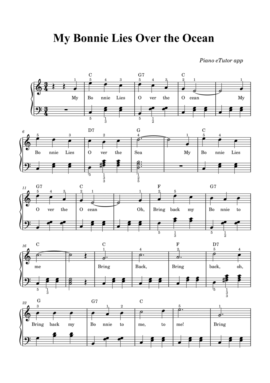 My Bonnie Lies Over The Ocean - piano sheet music by Traditional - Easy ...