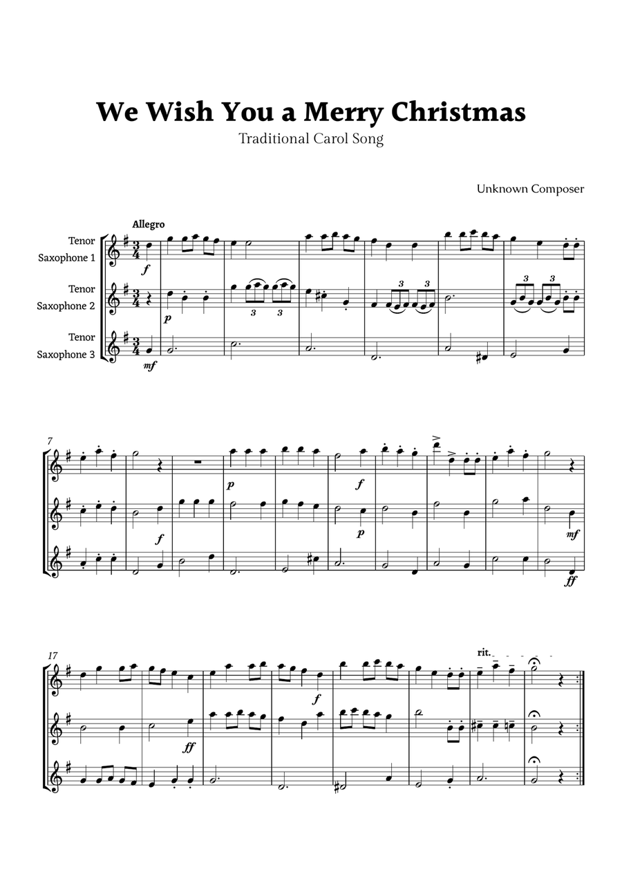 We Wish you a Merry Christmas for Tenor Saxophone Trio by Unknown ...