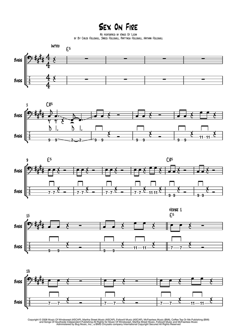 Sex On Fire By Kings Of Leon Bass Guitar Digital Sheet Music