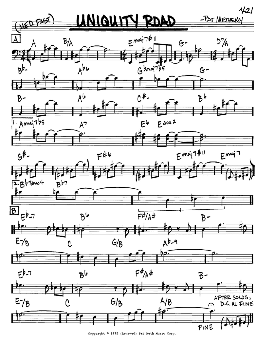 Uniquity Road by Pat Metheny - Piano, Bass Clef Instrument - Digital ...
