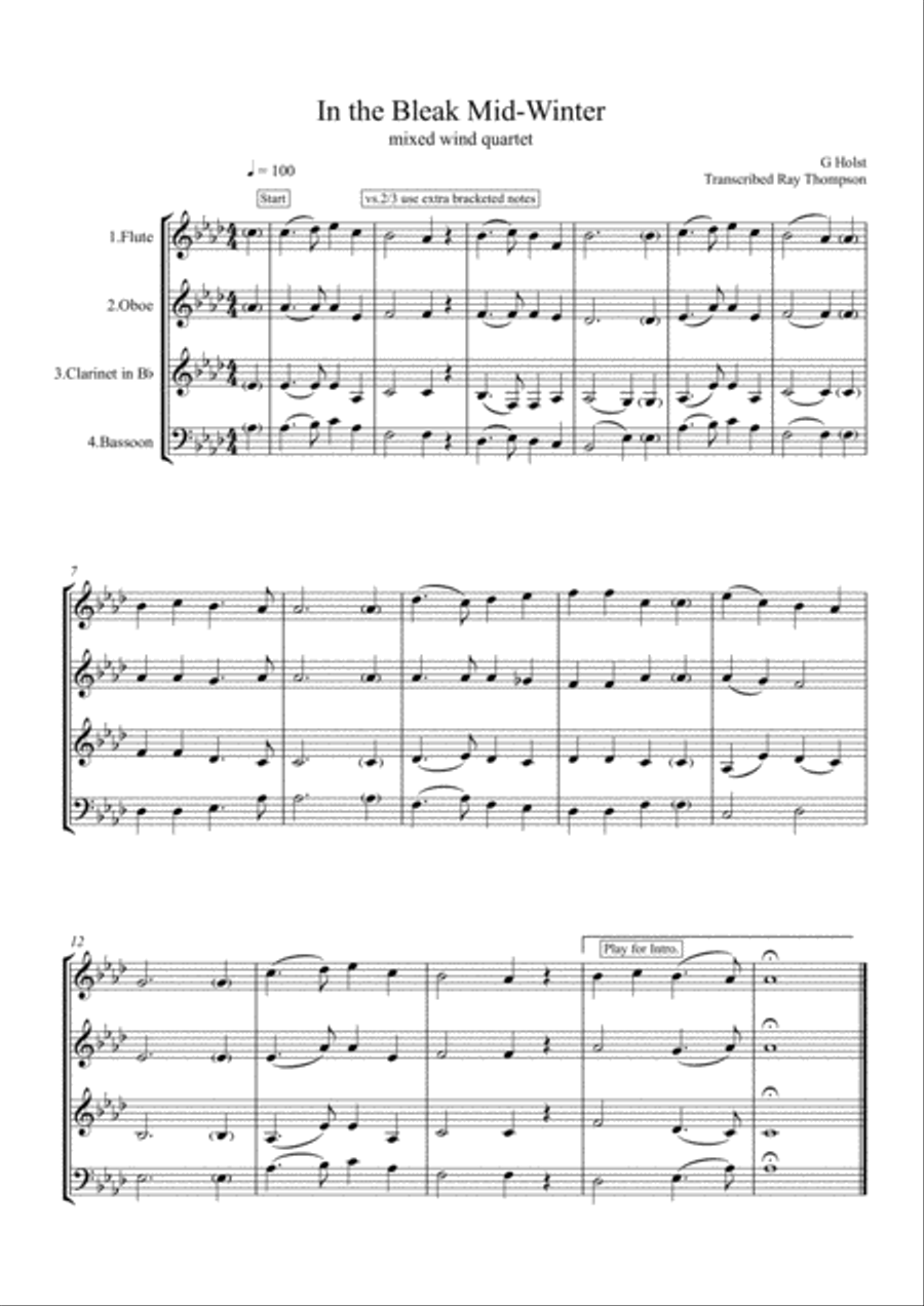Holst In The Bleak Midwinter Mixed Woodwind Quartet By Gustav Holst