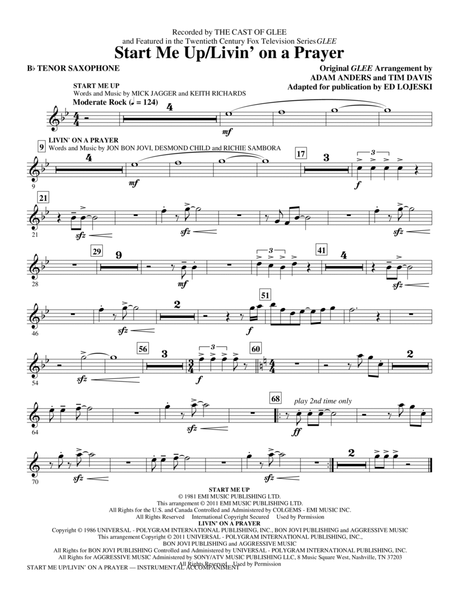Start Me Up/Livin' On A Prayer - Bb Tenor Saxophone by Glee Cast ...