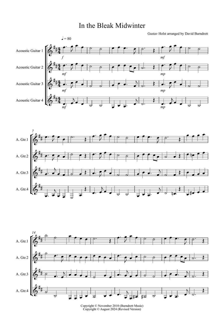 In The Bleak Midwinter for Guitar Quartet by Gustav Holst - Acoustic ...