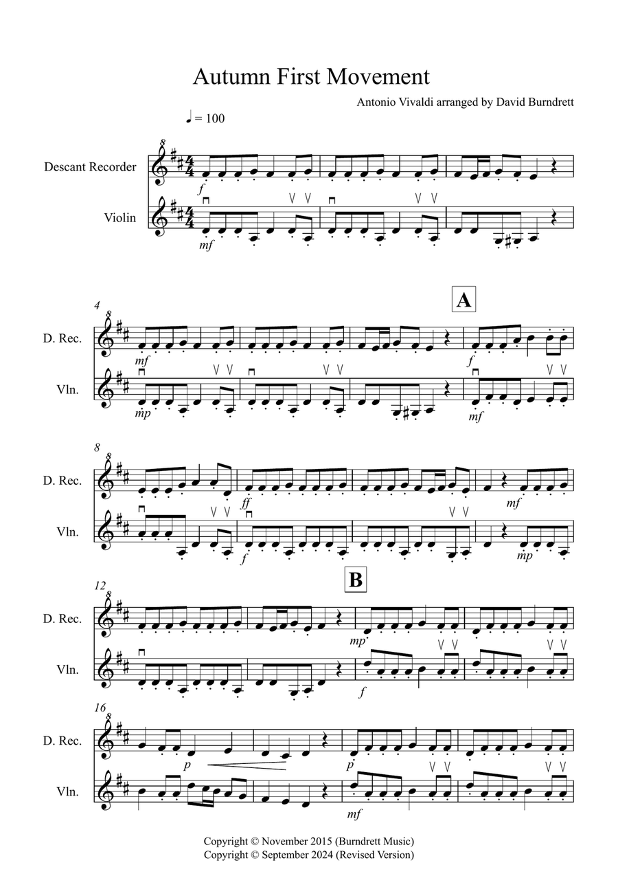Autumn "Four Seasons" for Descant Recorder and Violin Duet by Antonio ...