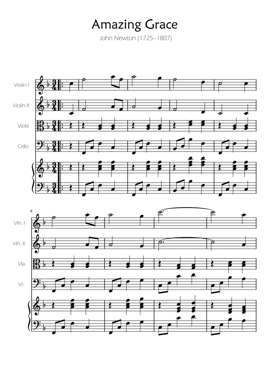 Amazing Grace - String Quartet w/ Piano Accompaniment by John Newton ...