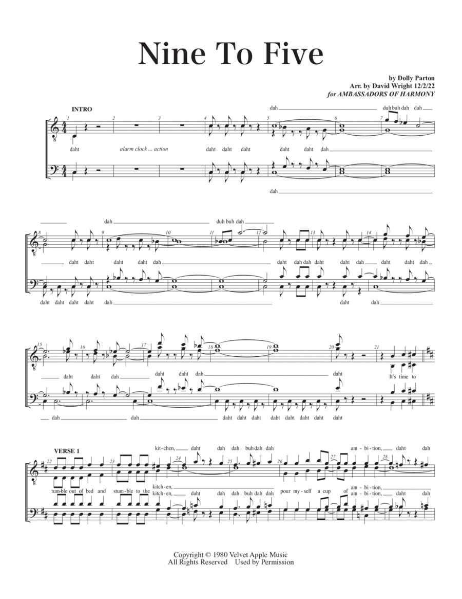 Nine To Five by Dolly Parton - TTBB - Digital Sheet Music | Sheet Music ...