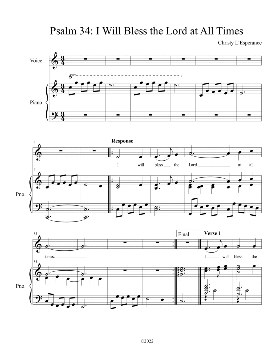 Psalm 34 I Will Bless the Lord at All Times - Voice, Piano, Vocal ...