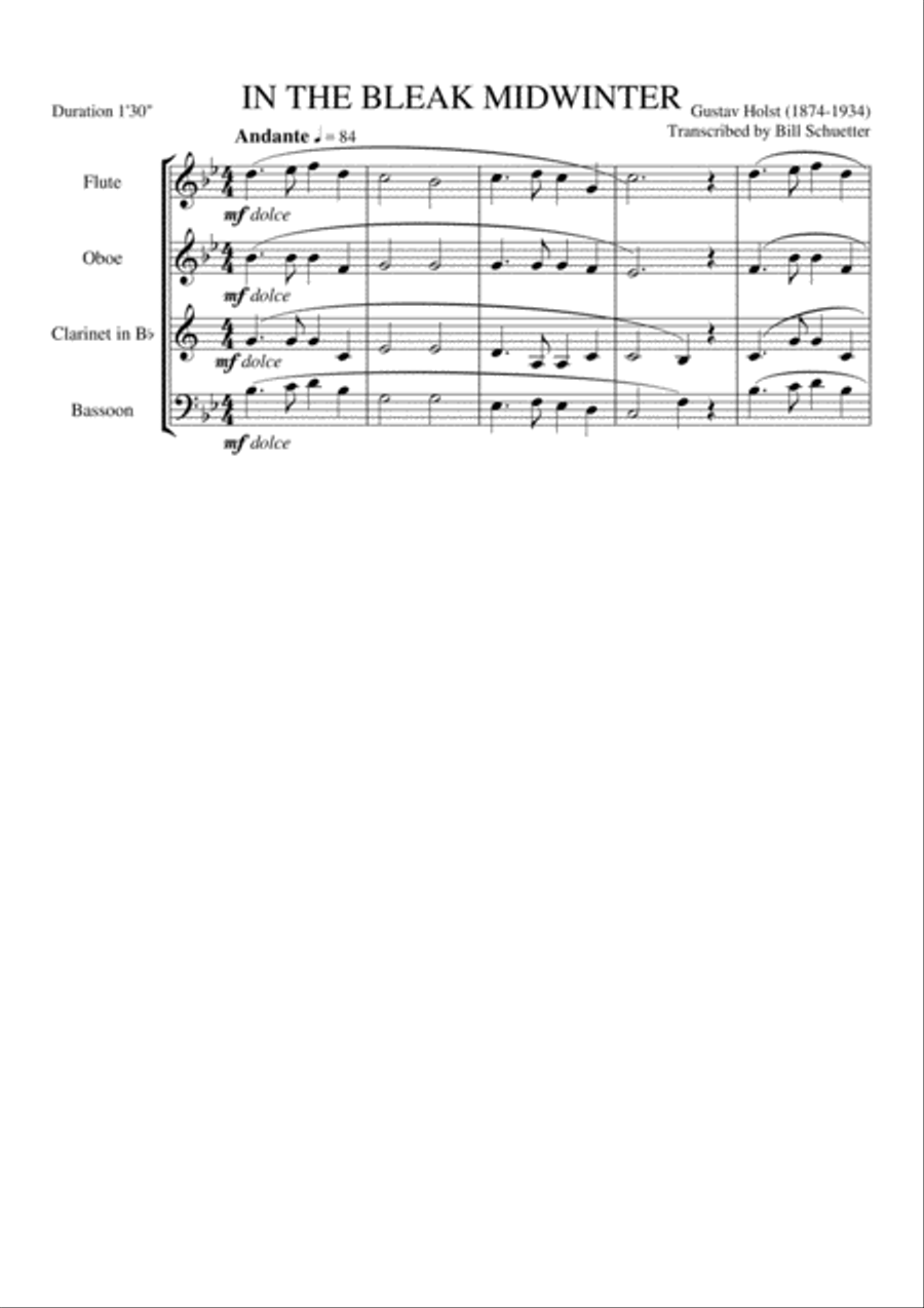 In The Bleak Midwinter By Bill Schuetter Woodwind Quartet Sheet