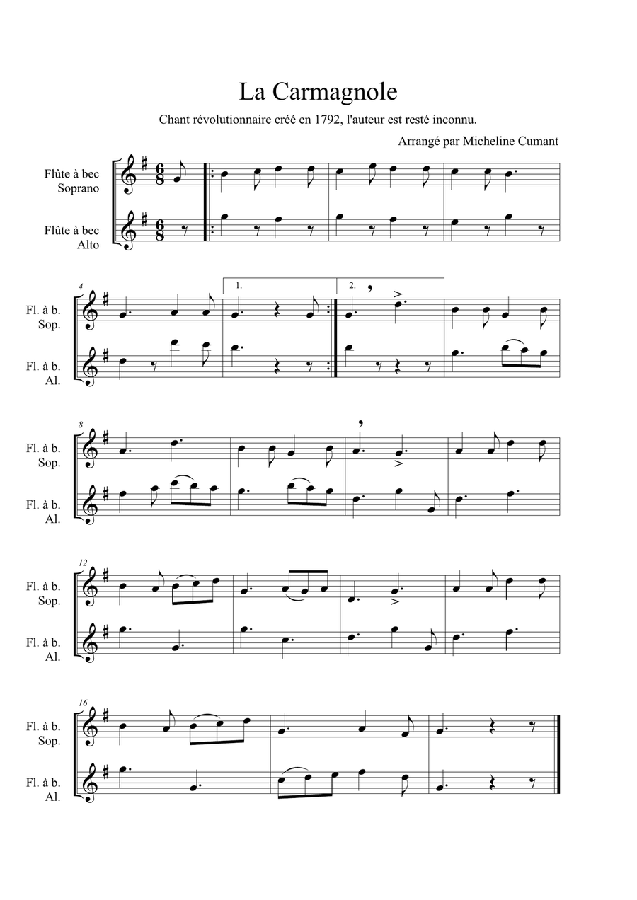 La Carmagnole-Chant Révolutionnaire de 1792 pour flûte à bec soprano et ...