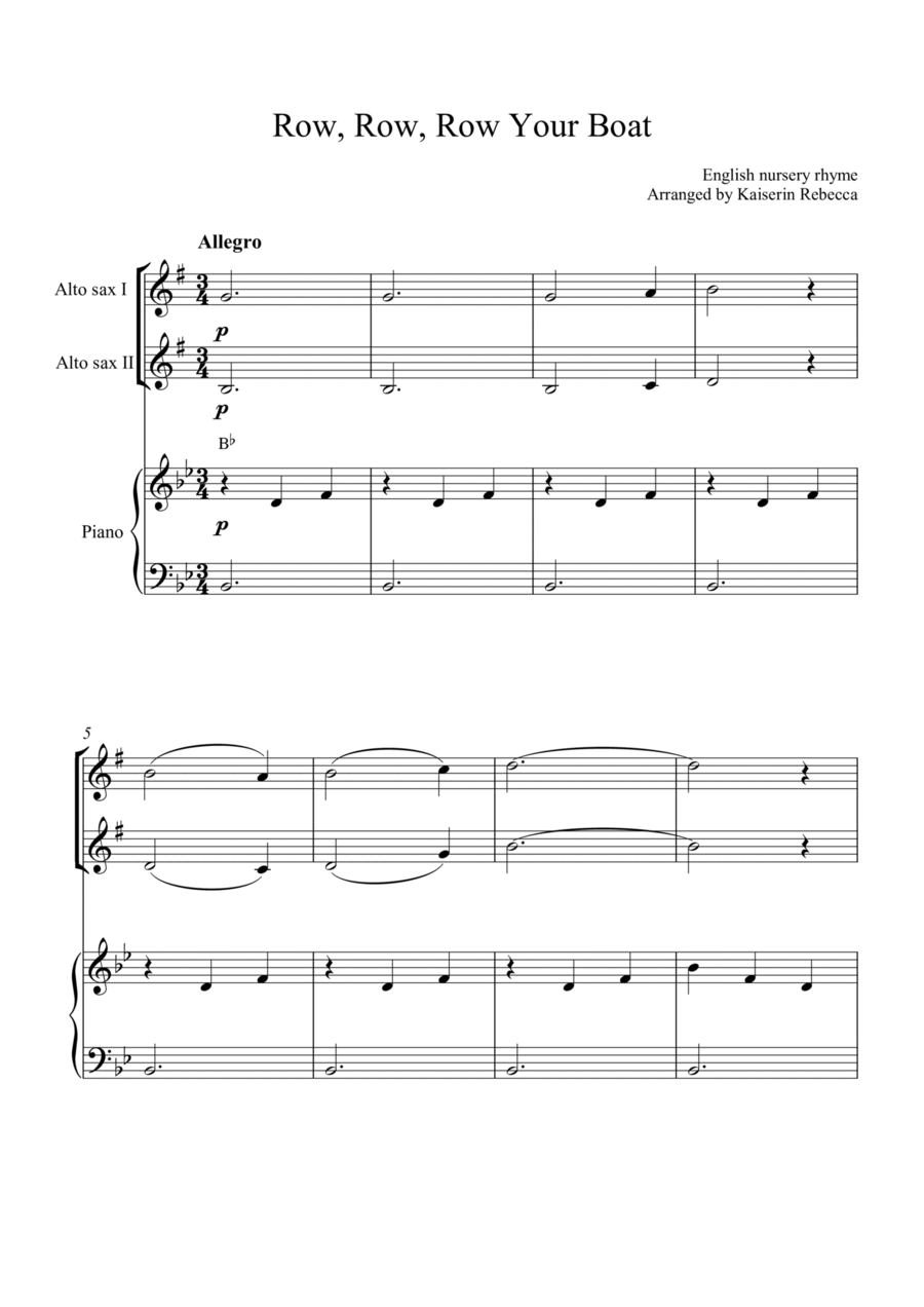 Row, Row, Row Your Boat - Piano, Piano Accompaniment, Alto Saxophone ...