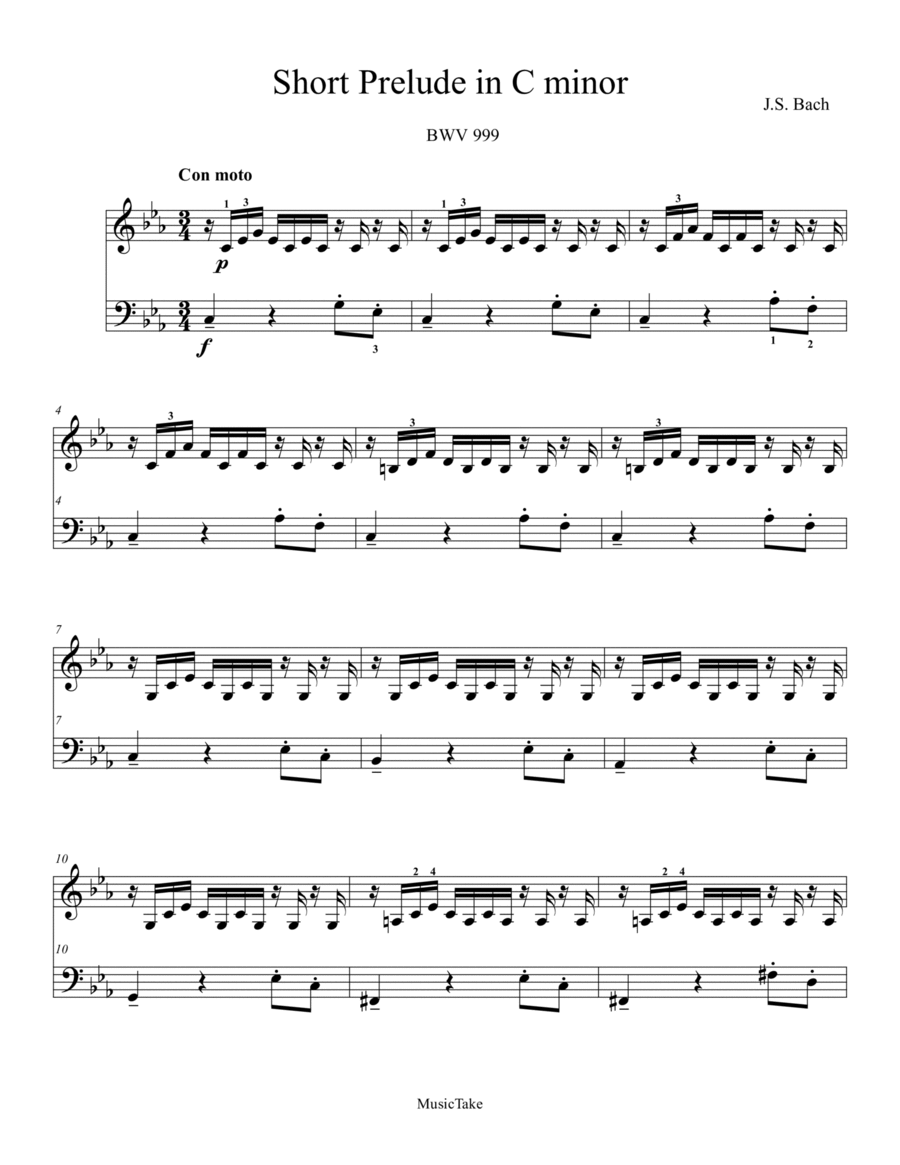 Bach Short Prelude in C minor BWV 999 by Johann Sebastian Bach - Piano ...