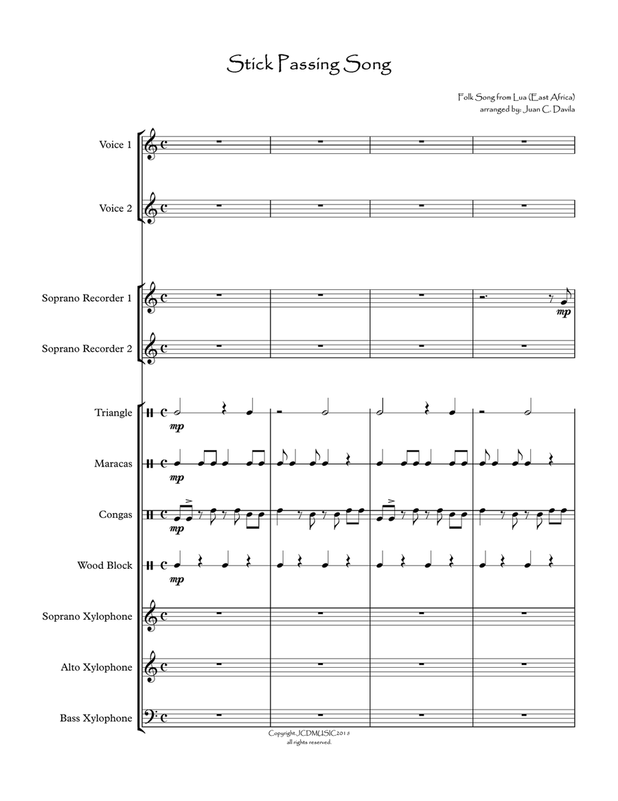 Stick Passing Song (African Folk Song) arranged for Orff Ensemble ...