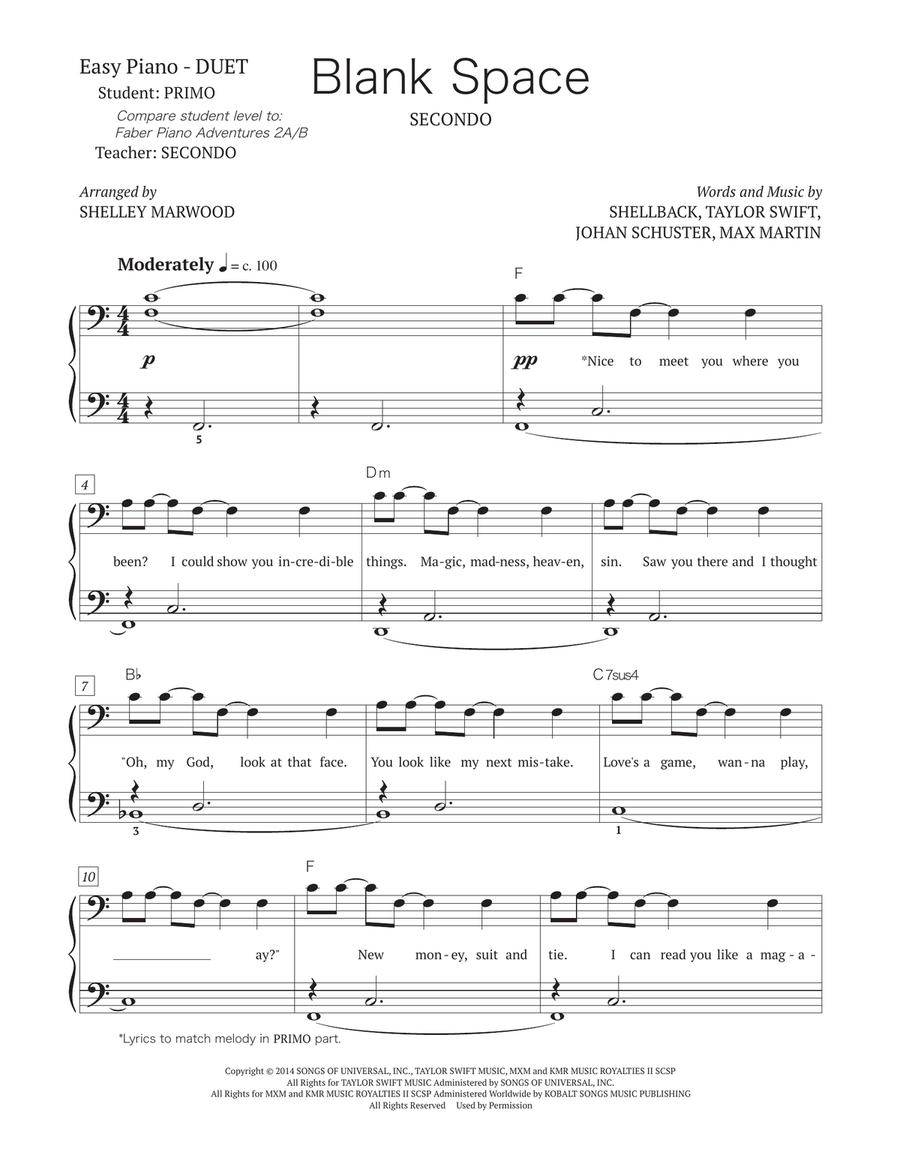 Blank Space by Taylor Swift - Easy Piano, 1 Piano, 4-Hands - Beginning ...