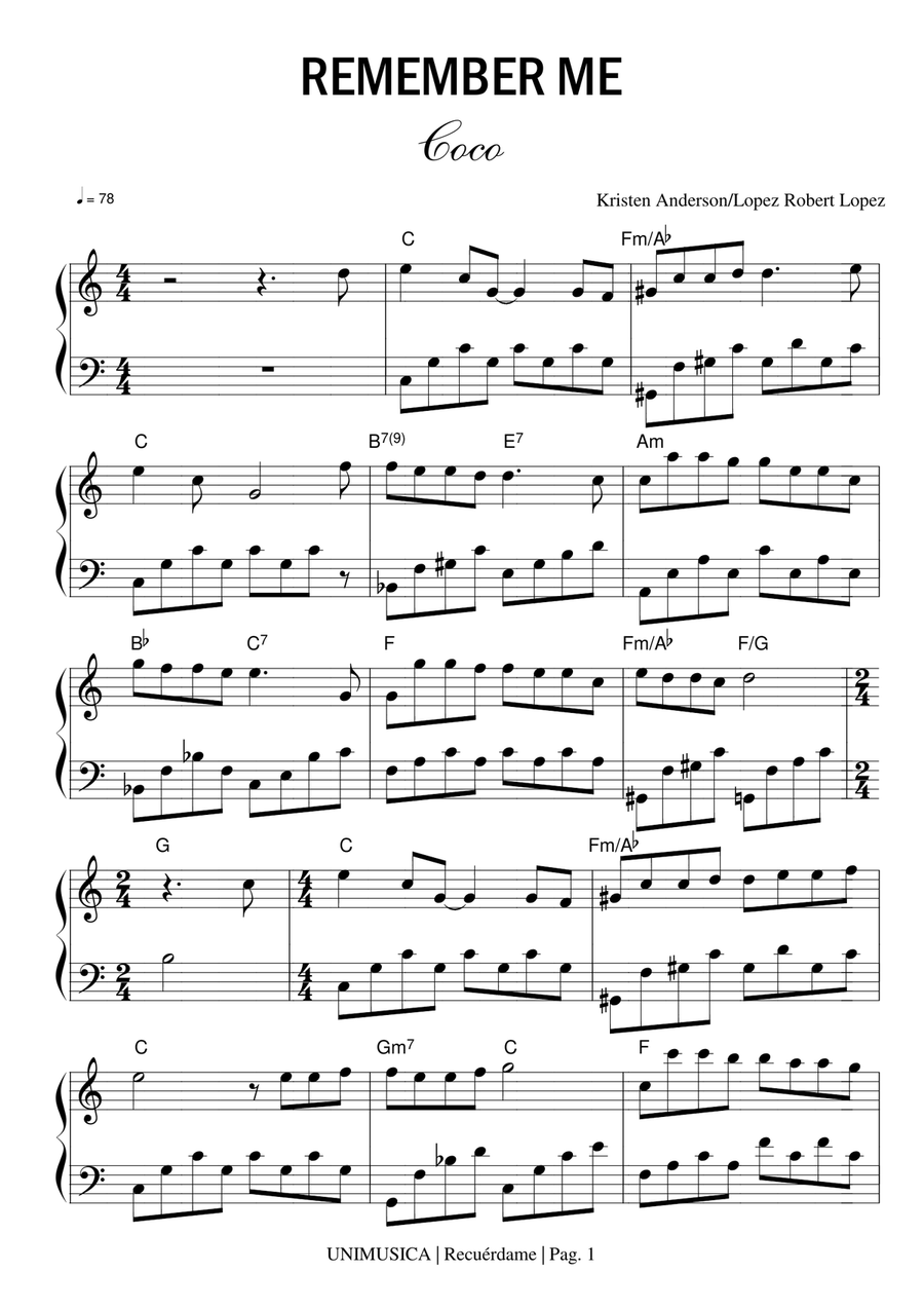 Remember Me (duo) by Robert Lopez - Piano Solo - Early Intermediate ...