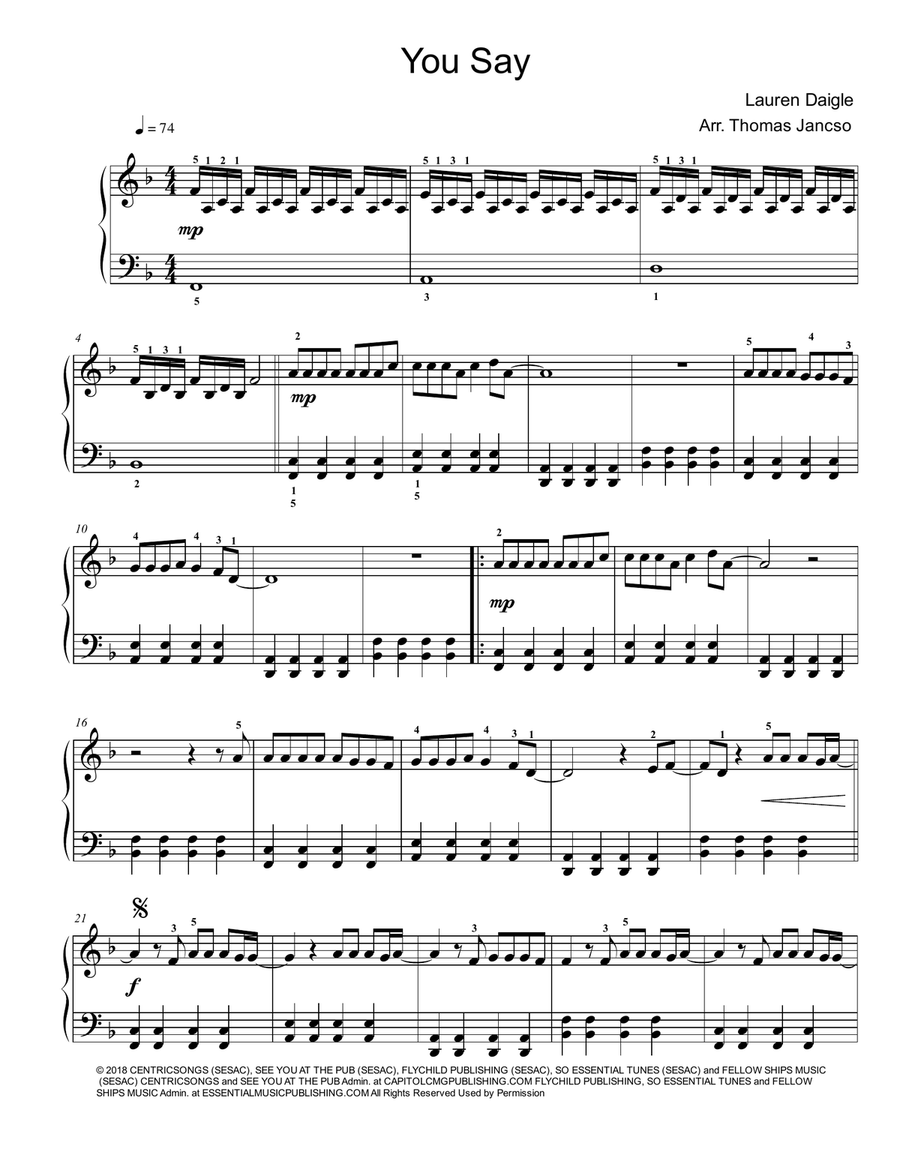 You Say by Lauren Daigle - Easy Piano - Digital Sheet Music | Sheet ...