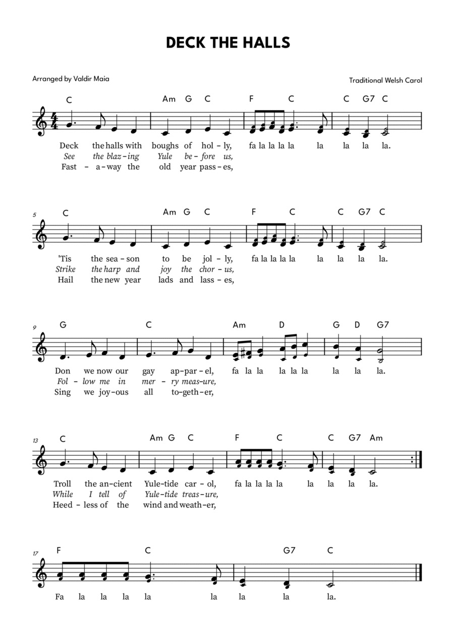 Deck The Halls - Lead Sheet in C (lower key) by Traditional Carol ...