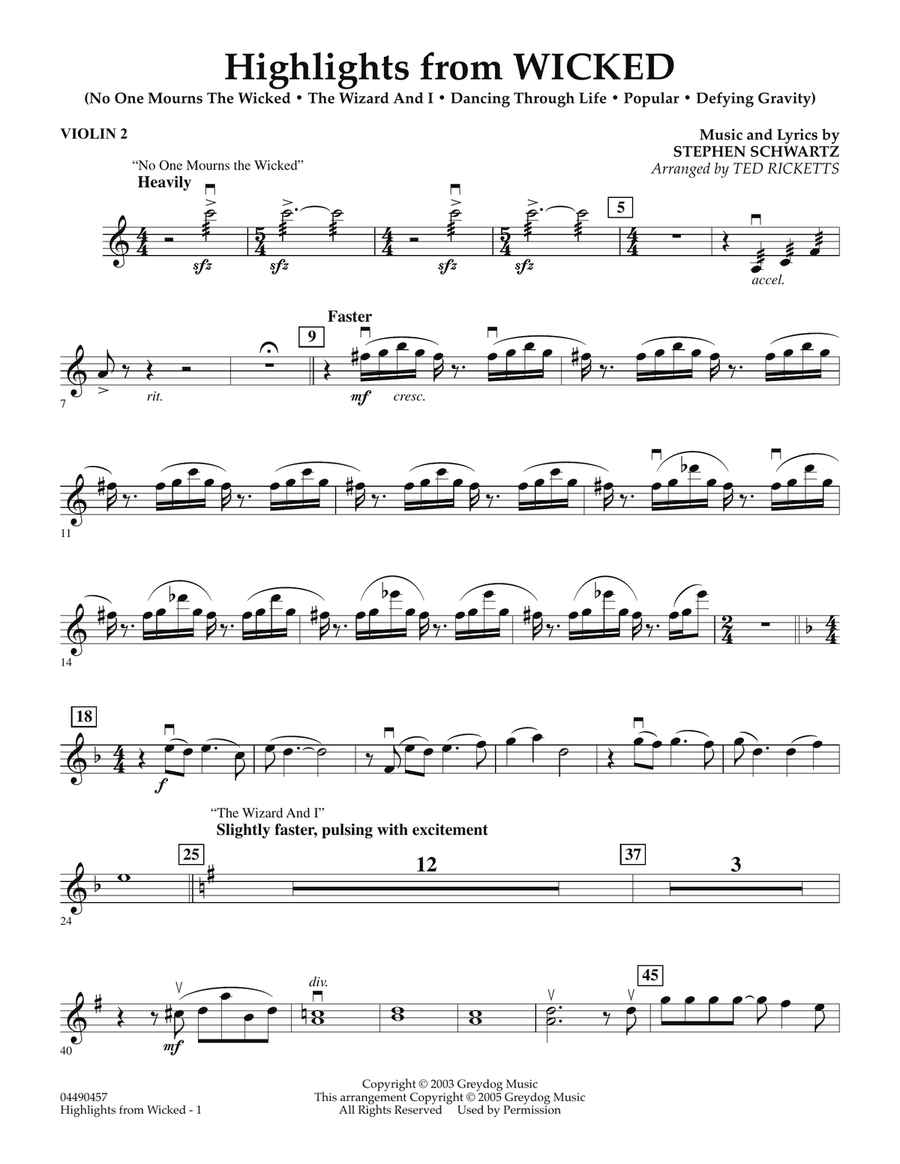 Highlights from Wicked - Violin 2 by Stephen Schwartz - Full Orchestra ...